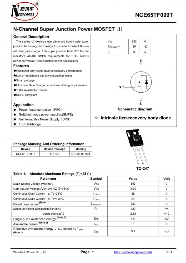 NCE65TF099T datasheet page 1