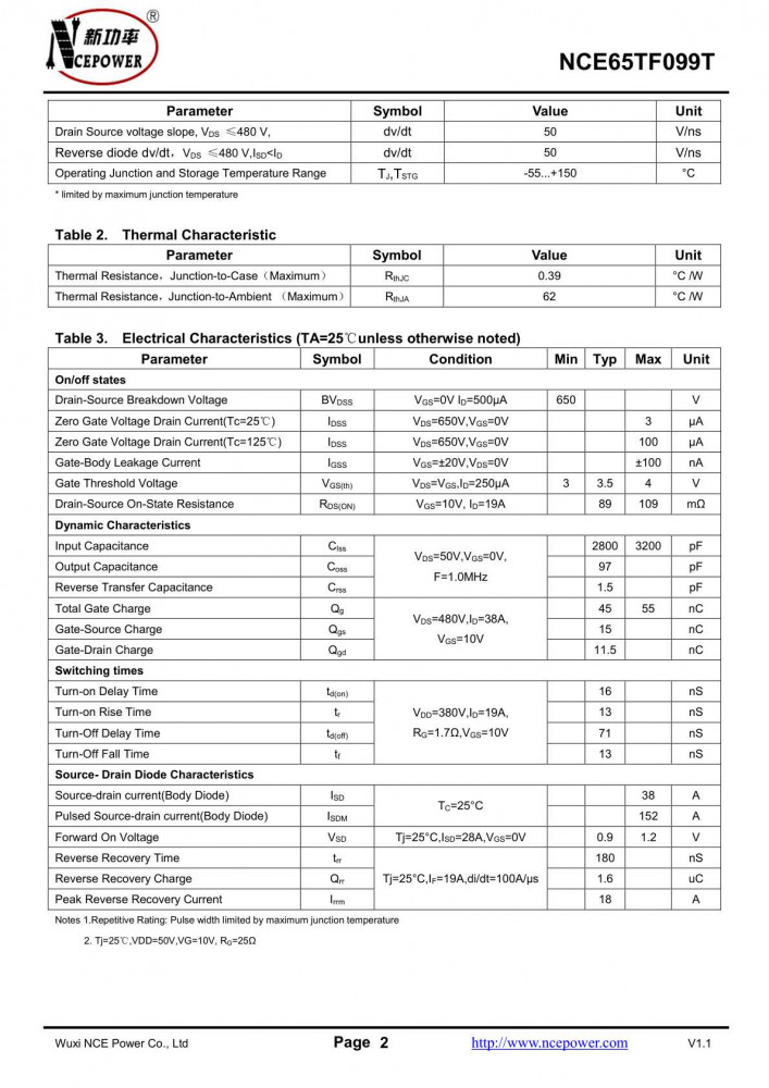 NCE65TF099T datasheet page 2