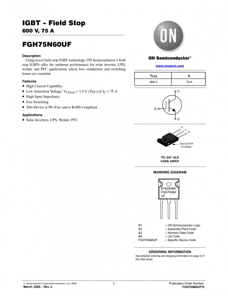 FGH75N60UFTU datasheet page 1