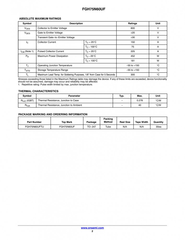 FGH75N60UFTU datasheet page 2