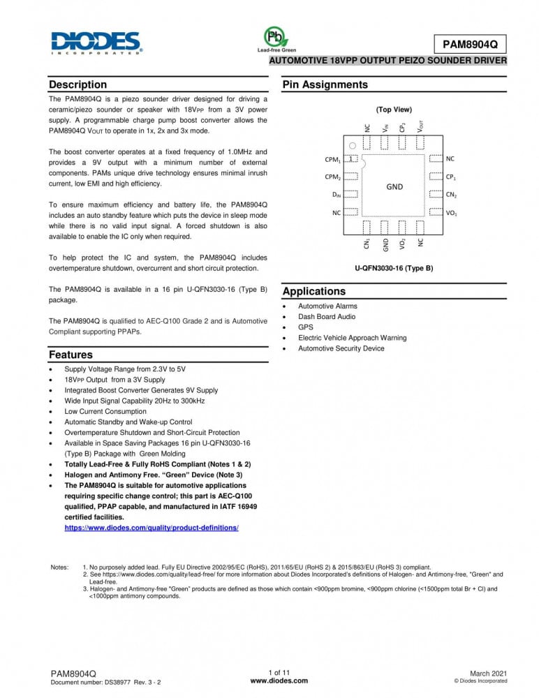 PAM8904QJER datasheet page 1