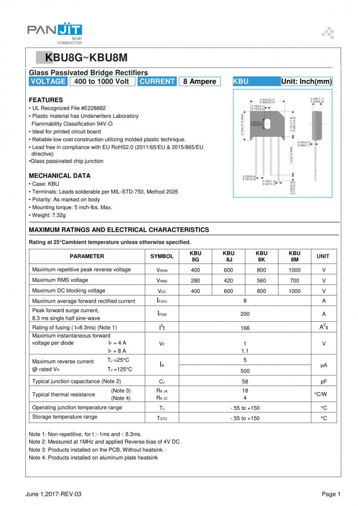 PANJIT KBU8K datasheet page 1