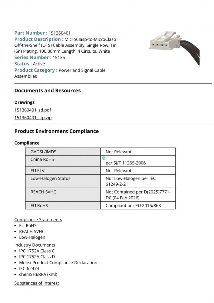 MOLEX 151360401 product document preview, page 1