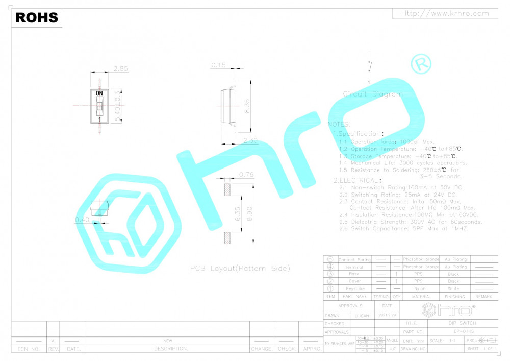 EP-01KS DIP switch technical drawing