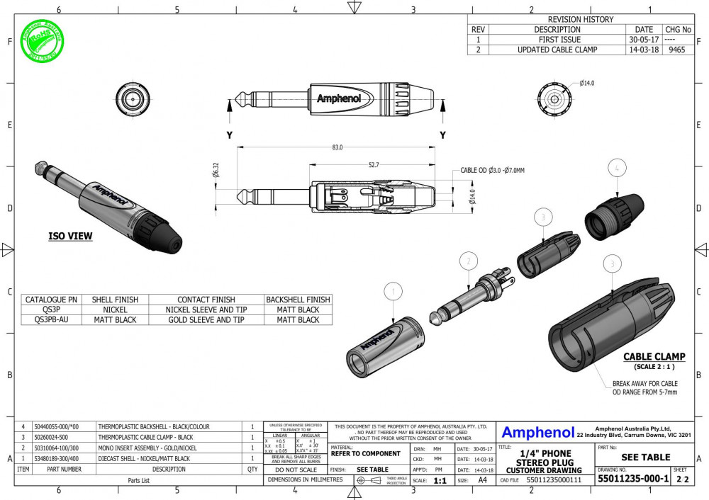 Amphenol QS3PB-AU technical drawing