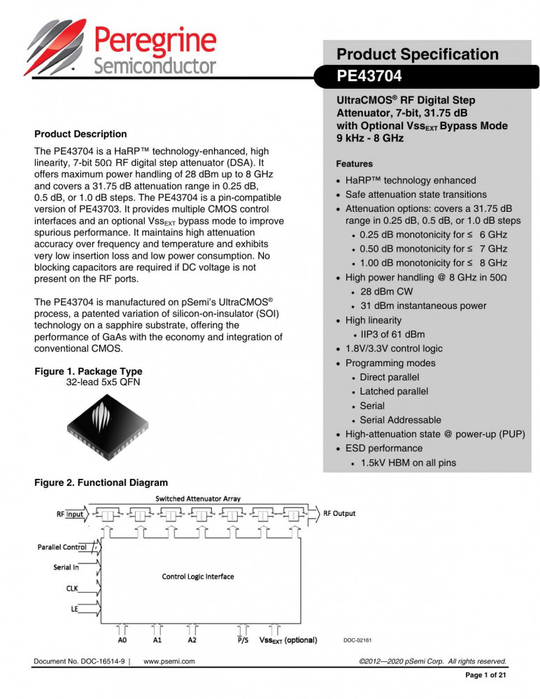 PE43704B-Z datasheet page 1