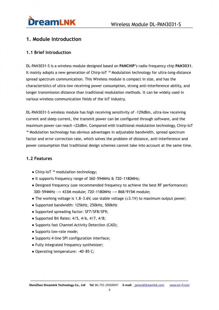 DL-PAN3031-S datasheet page 3