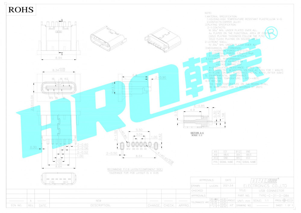 TYPE-C-31-D-08A USB connector technical drawing