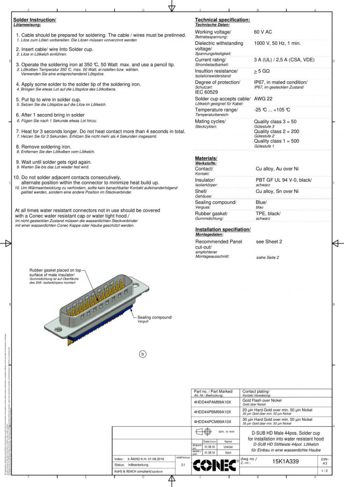 Conec 4HDD44PAM99A10X technical drawing, page 1