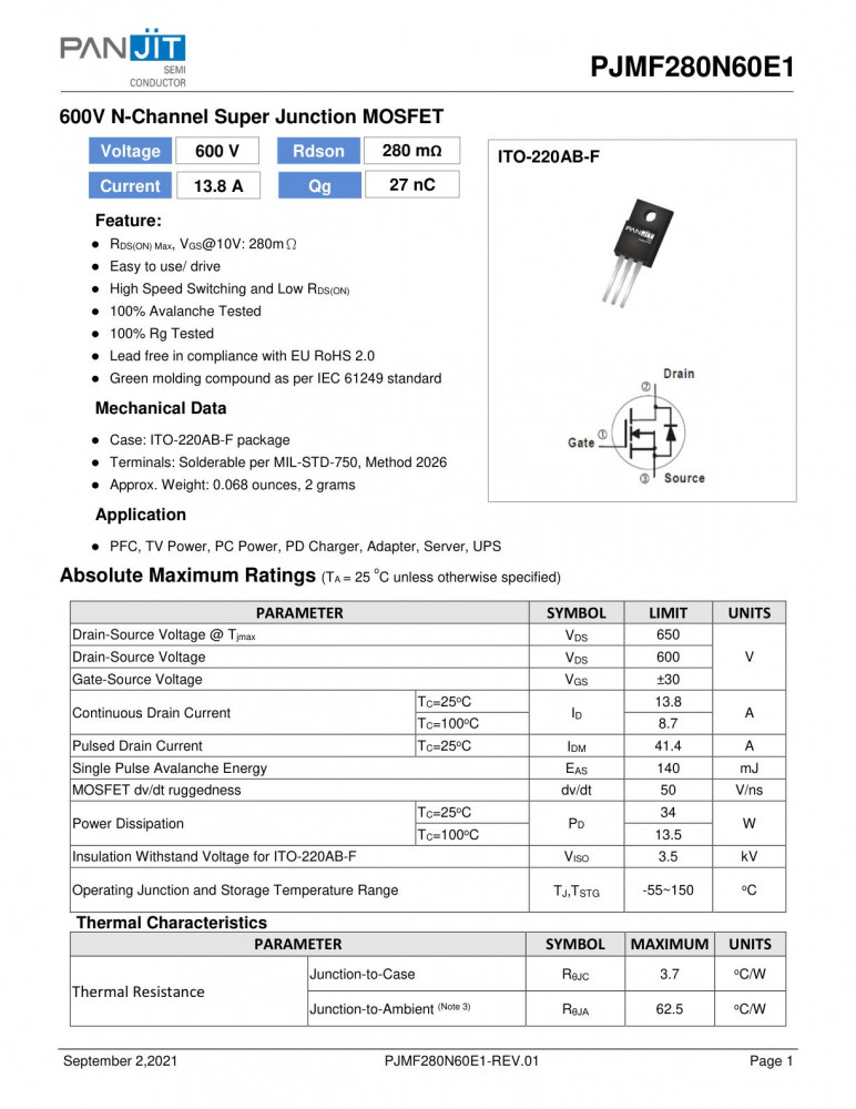 PJMF280N60E1 datasheet page 1