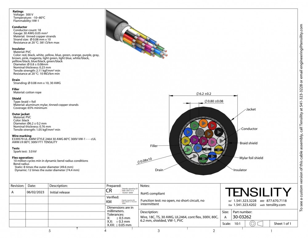 Tensility International 30-03262 cable specification drawing