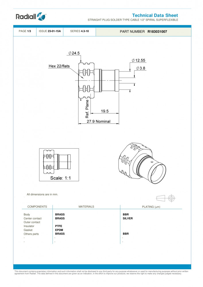 R183031007 datasheet page 1: product drawing and material information