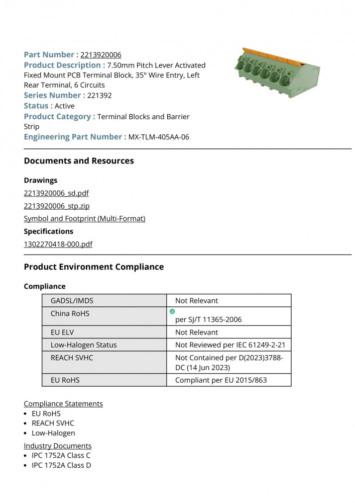 MOLEX 2213920006 technical document preview, page 1
