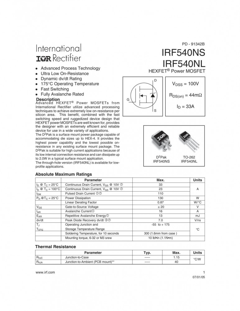 IRF540NSTRLPBF datasheet page 1