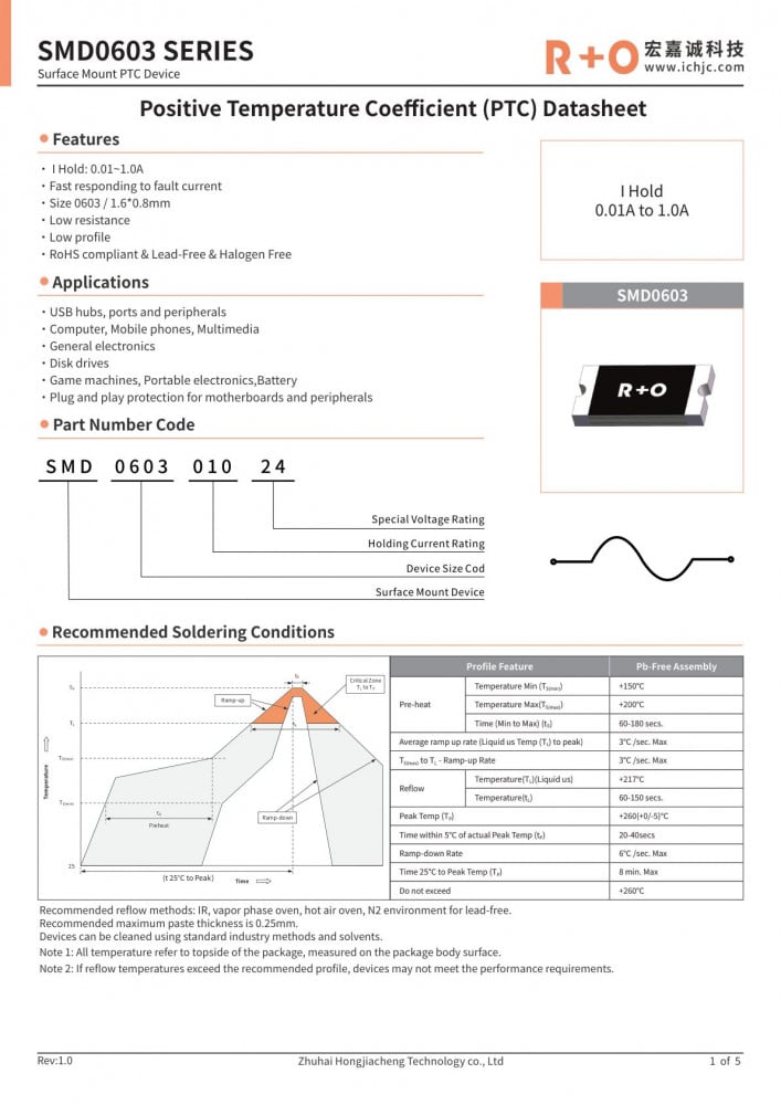 R+O SMD0603 PPTC datasheet page 1