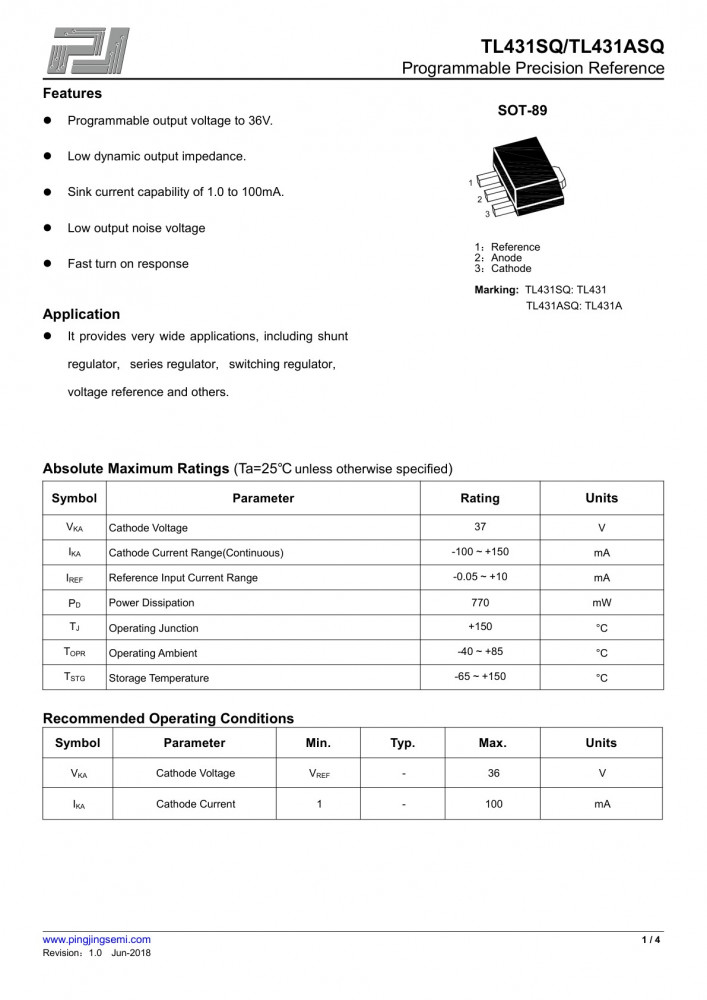 TL431SQ technical document page 1