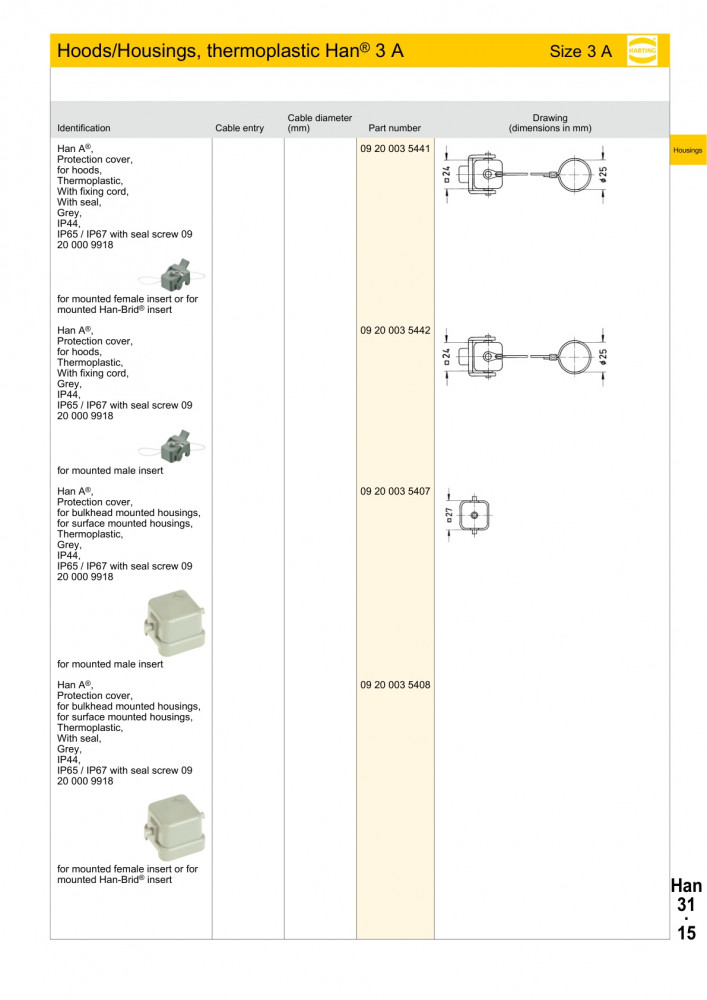 Technical drawing reference for Han A protection cover model 09200035409