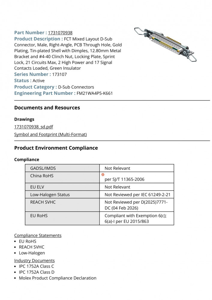 MOLEX 1731070938 technical drawing page 1