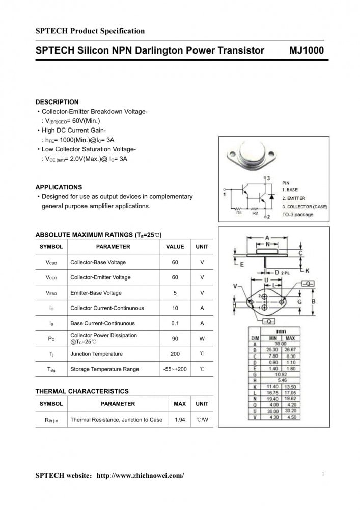 SPTECH MJ1000 datasheet page 1