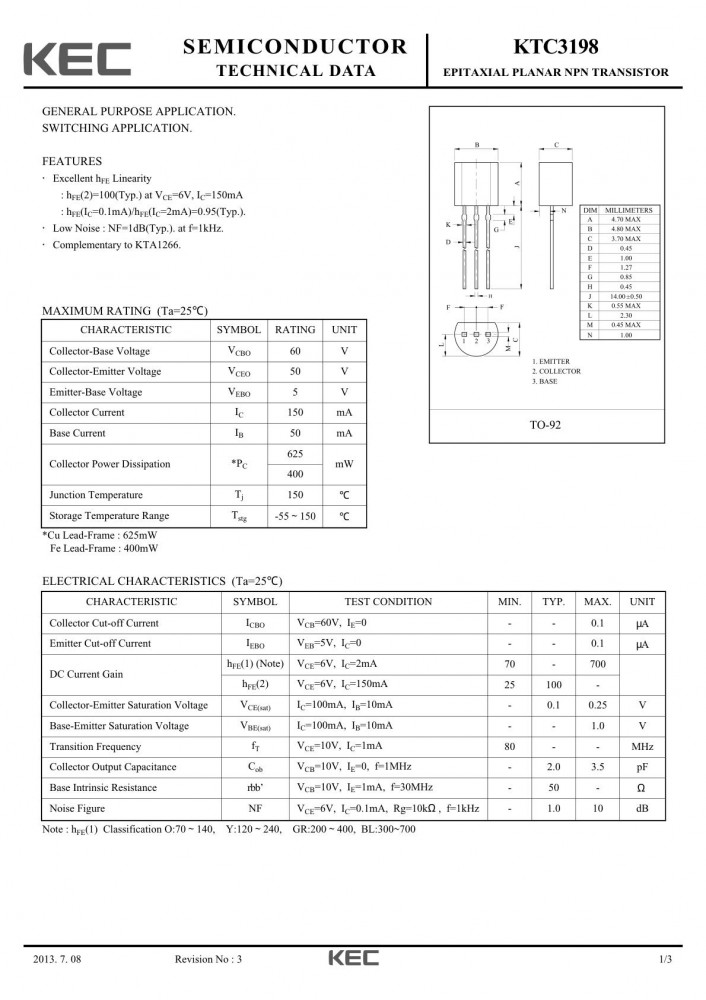 KTC3198-GR-AT/P datasheet page 1