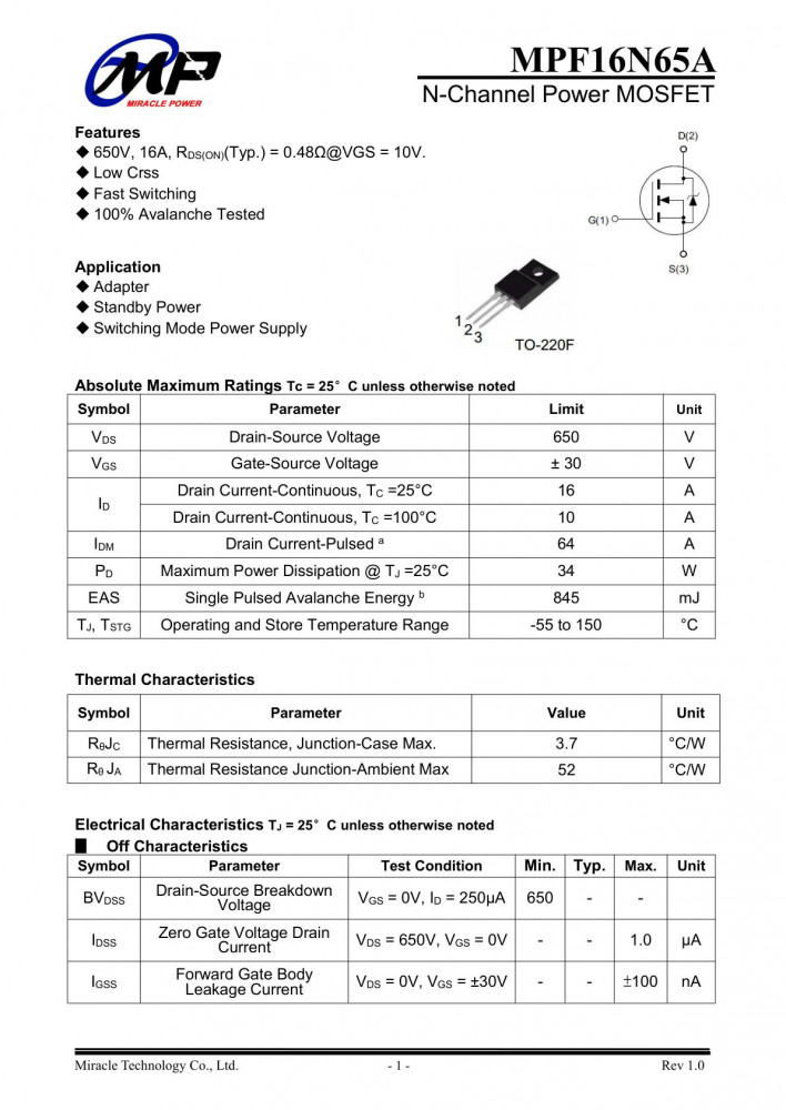 MPF16N65A datasheet page 1