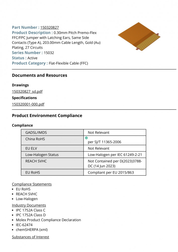 MOLEX 15032 FFC specification document, page 1