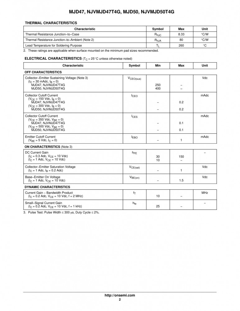 MJD47T4G datasheet page 2