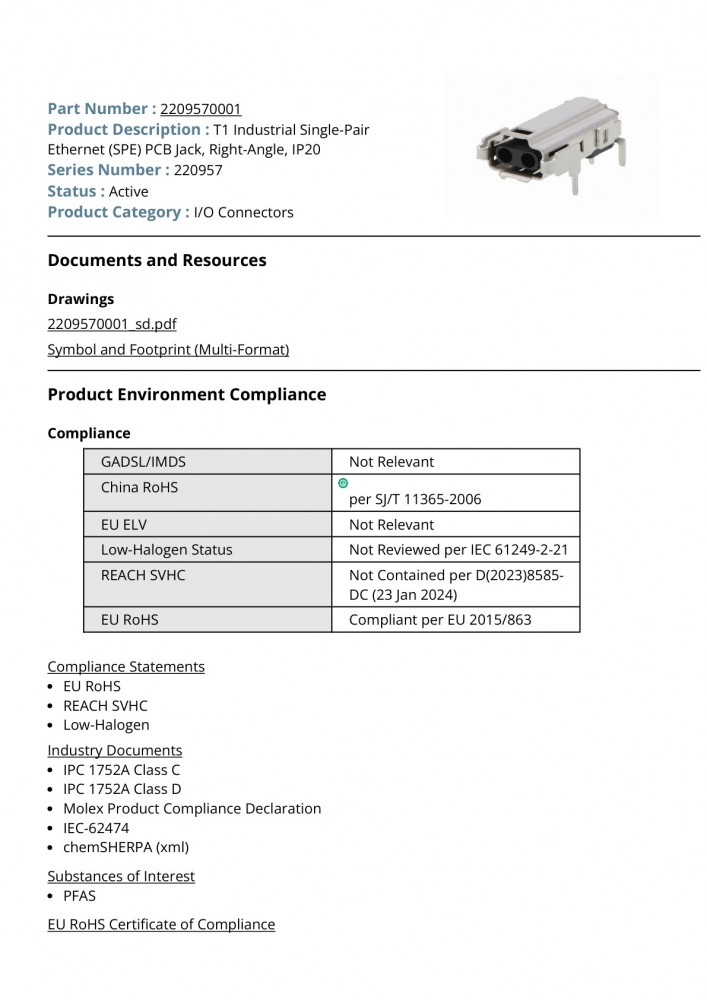 MOLEX 2209570001 technical document page 1