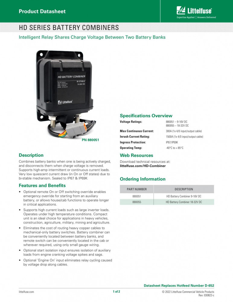 Littelfuse 880055 HD Battery Combiner datasheet page 1