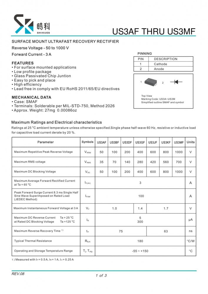 US3DF datasheet page 1