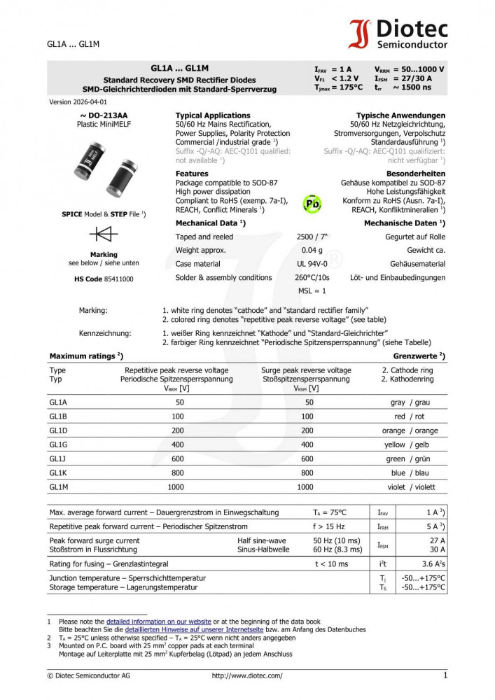 DIOTEC GL1J datasheet page 1