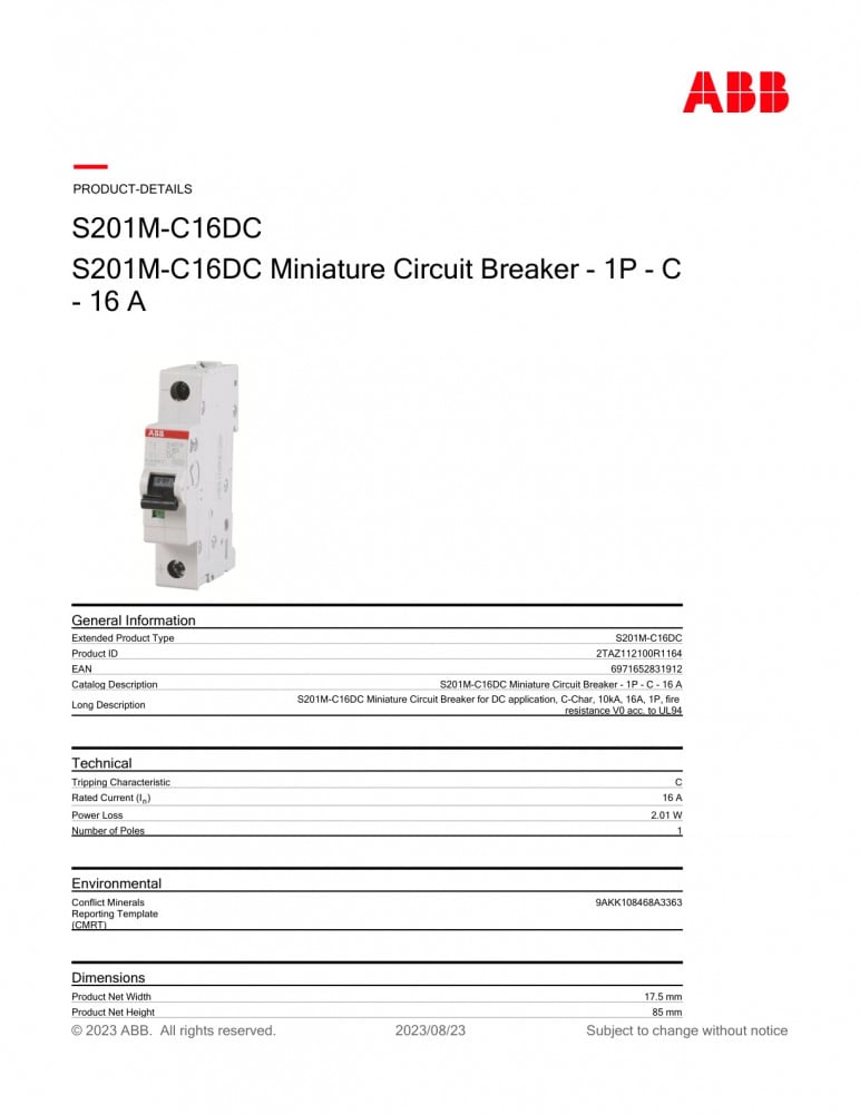 ABB S201M-C16DC technical document page 1