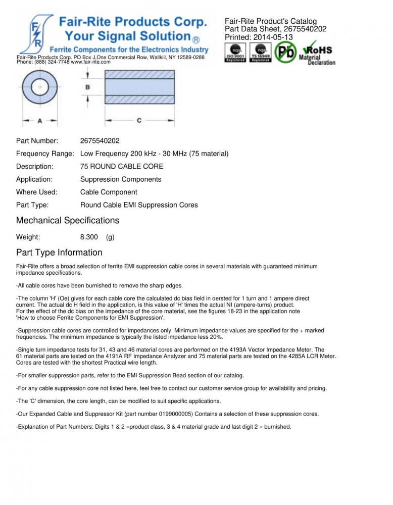 Fair-Rite 2675540202 technical document page 1