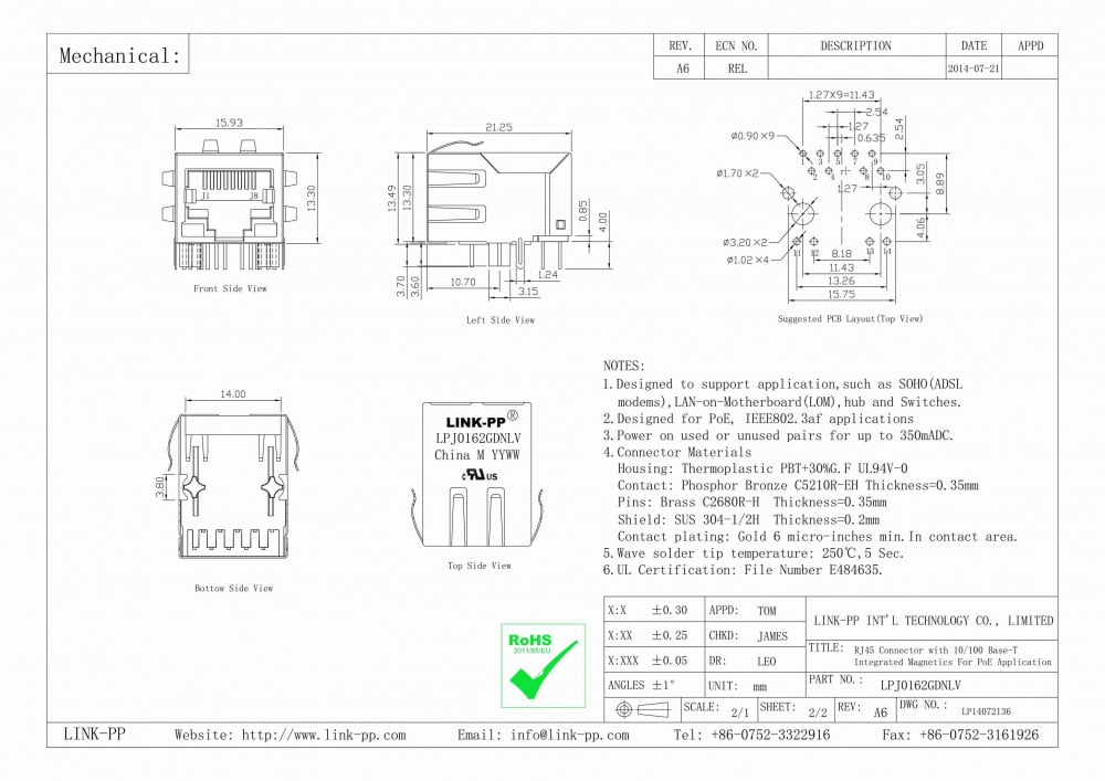 LPJ0162GDNLV mechanical drawing and application notes page 2