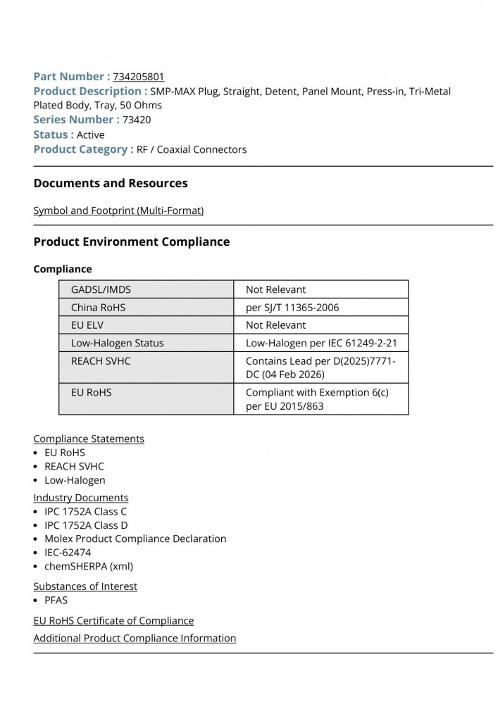 Product document image 1 for MOLEX 734205801