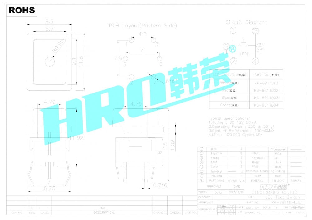 K6-8811D01 LED tact switch technical drawing