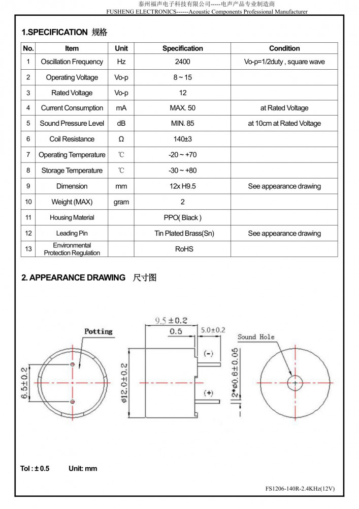 FS1212 specification document page 2