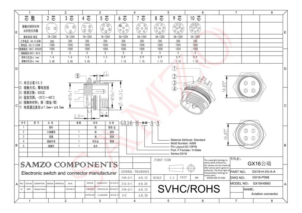 SAMZO GX16 male connector drawing