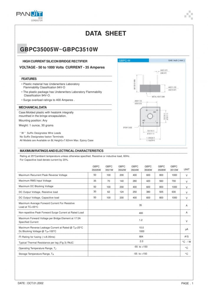 PANJIT GBPC3508W datasheet page 1