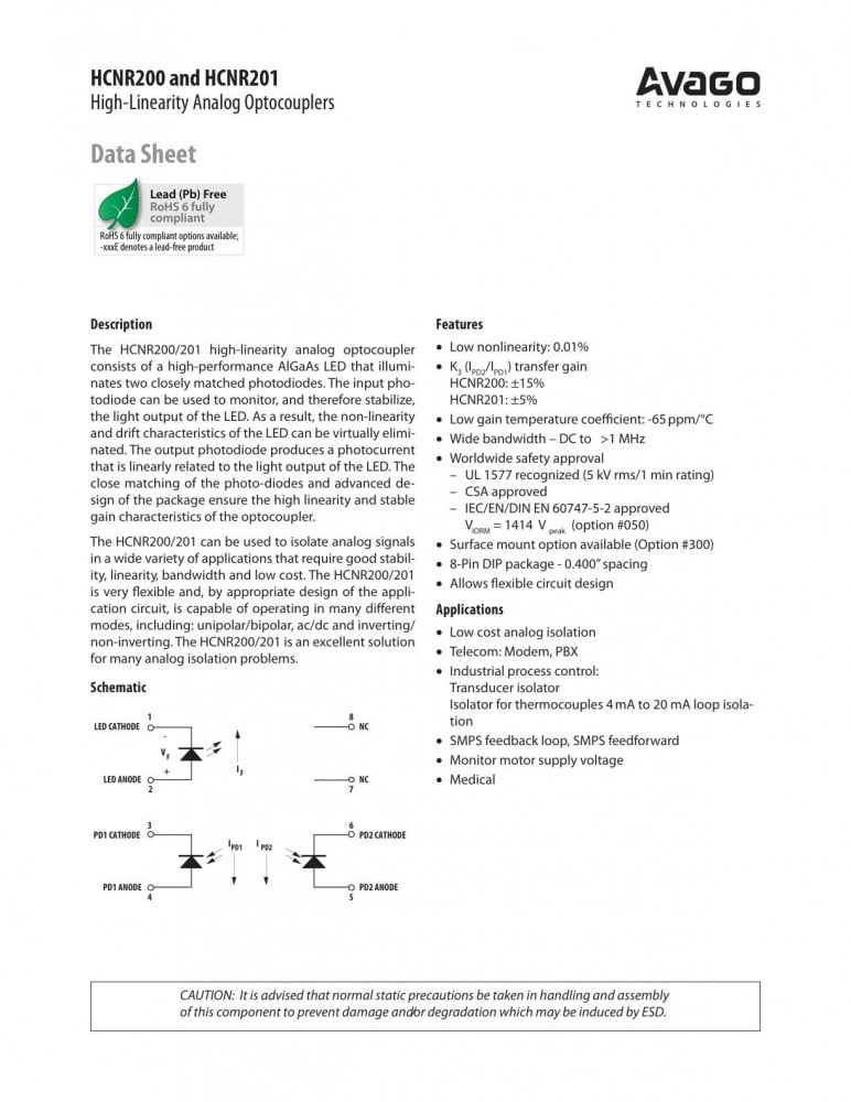 HCNR201 datasheet page 1