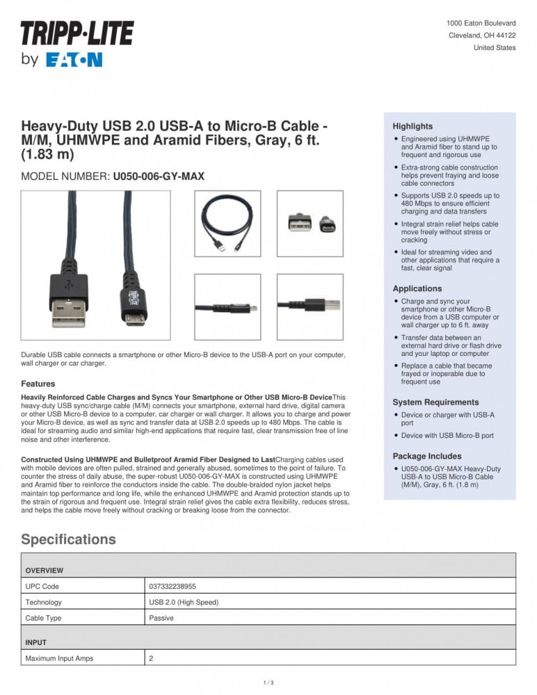 U050-006-GY-MAX technical document page 1