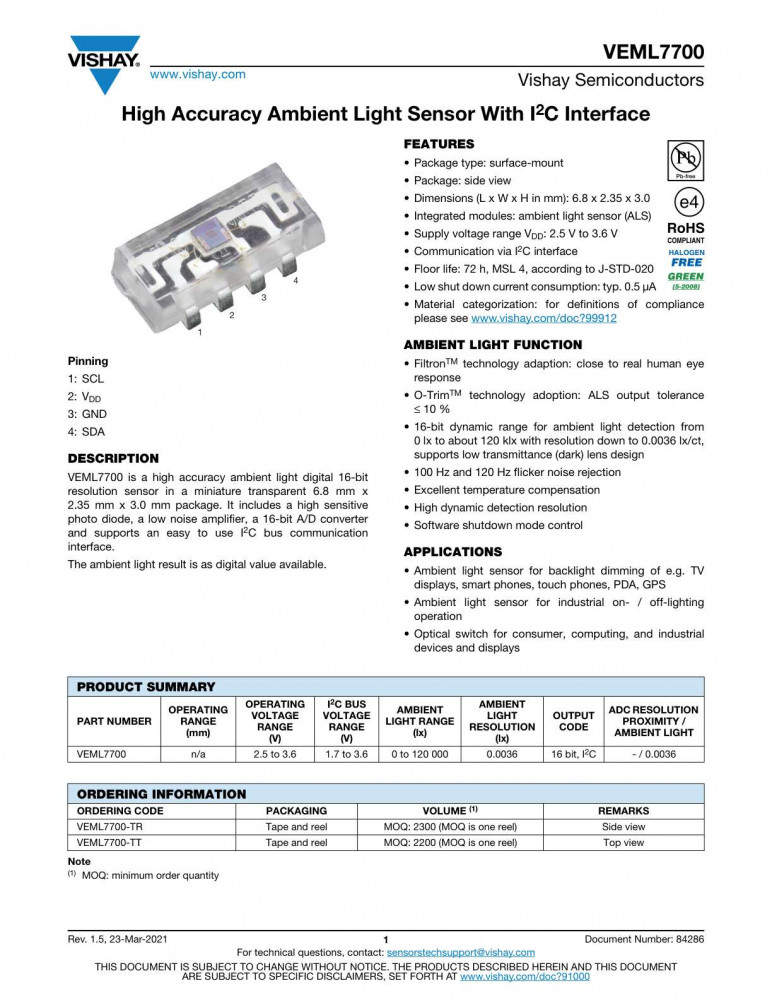 VEML7700-TT datasheet page 1