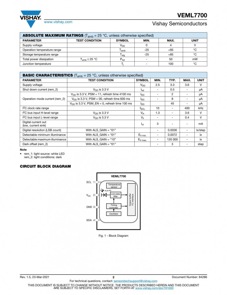 VEML7700-TT datasheet page 2