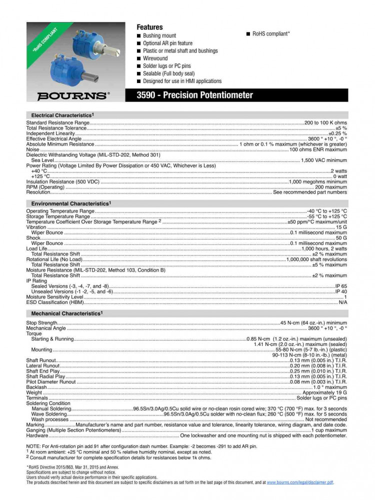 BOURNS 3590 precision potentiometer datasheet page 1