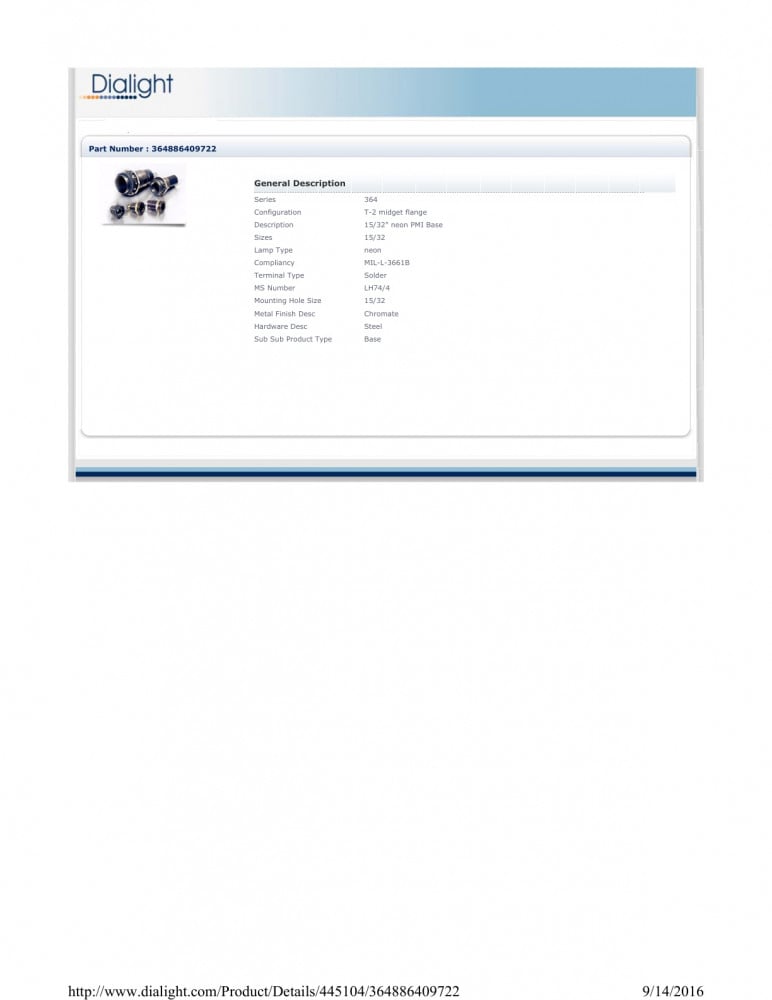 Dialight 364-8864-09-722 technical document page