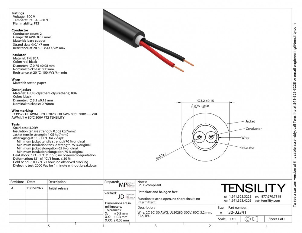 Tensility International 30-02341 cable specification drawing