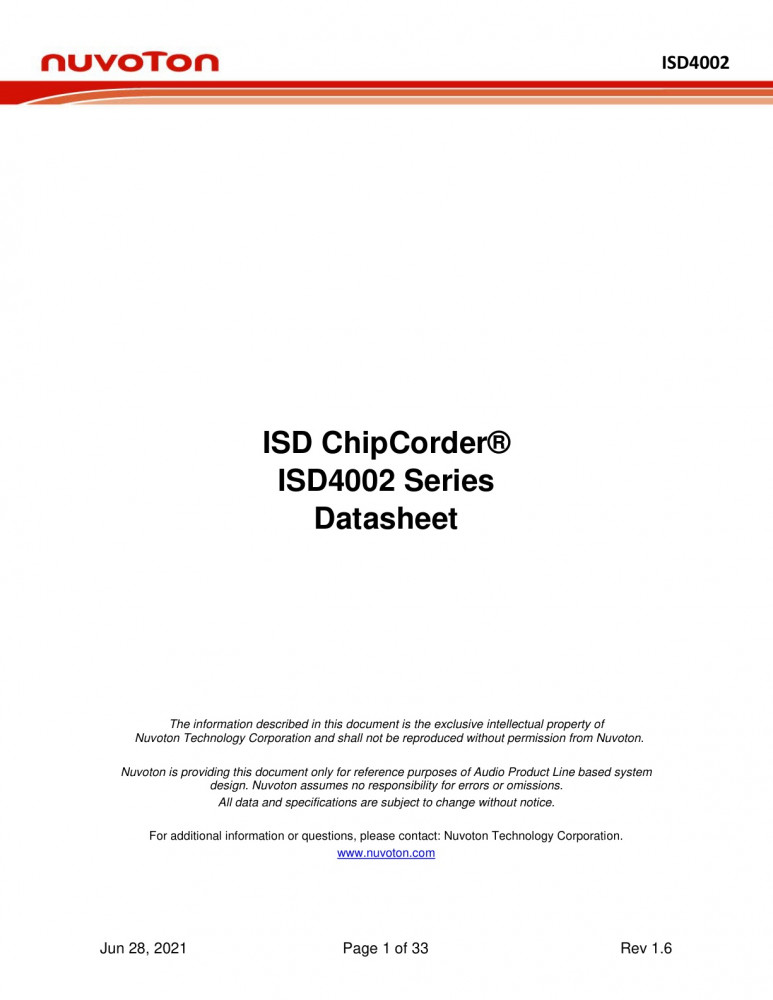 ISD4002 datasheet page 1