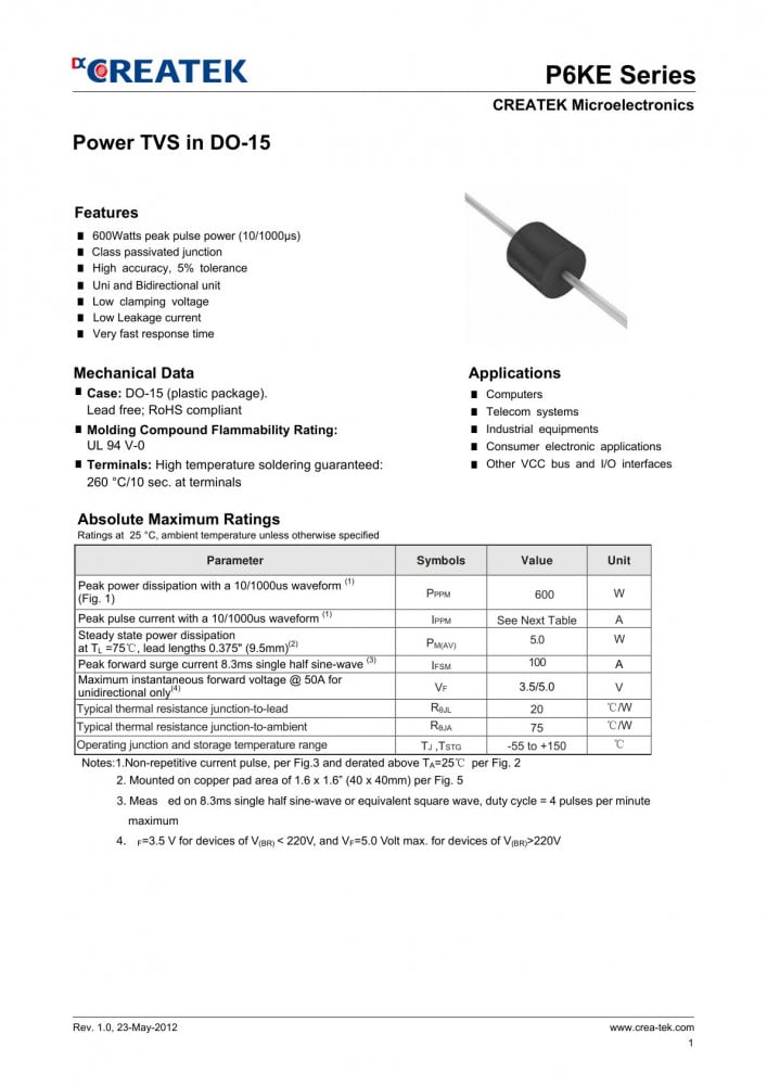 CREATEK P6KE30CA datasheet page 1