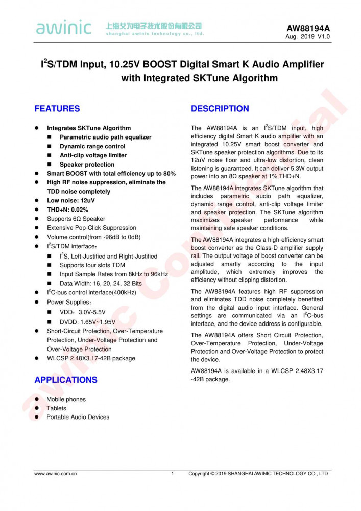 AW88194ACSR datasheet page 1