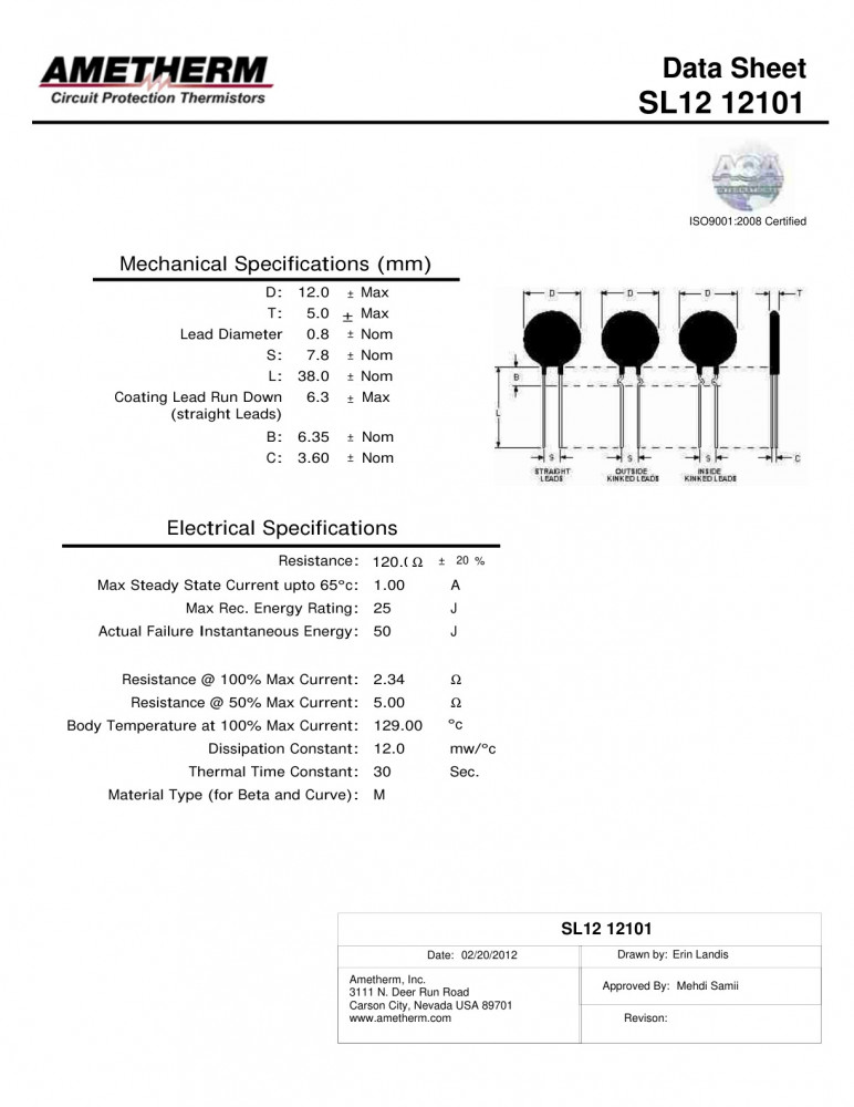Ametherm SL12 12101 technical document page